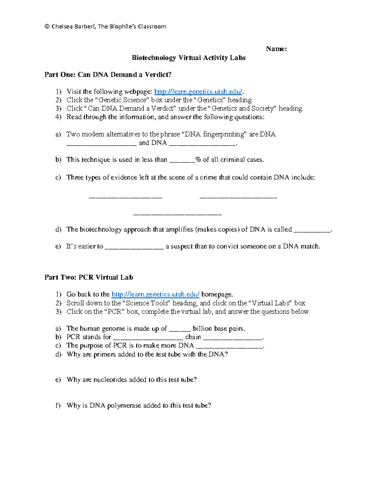 Biotechnology Virtual Lab Worksheets - DNA & PCR Activities - Studocu