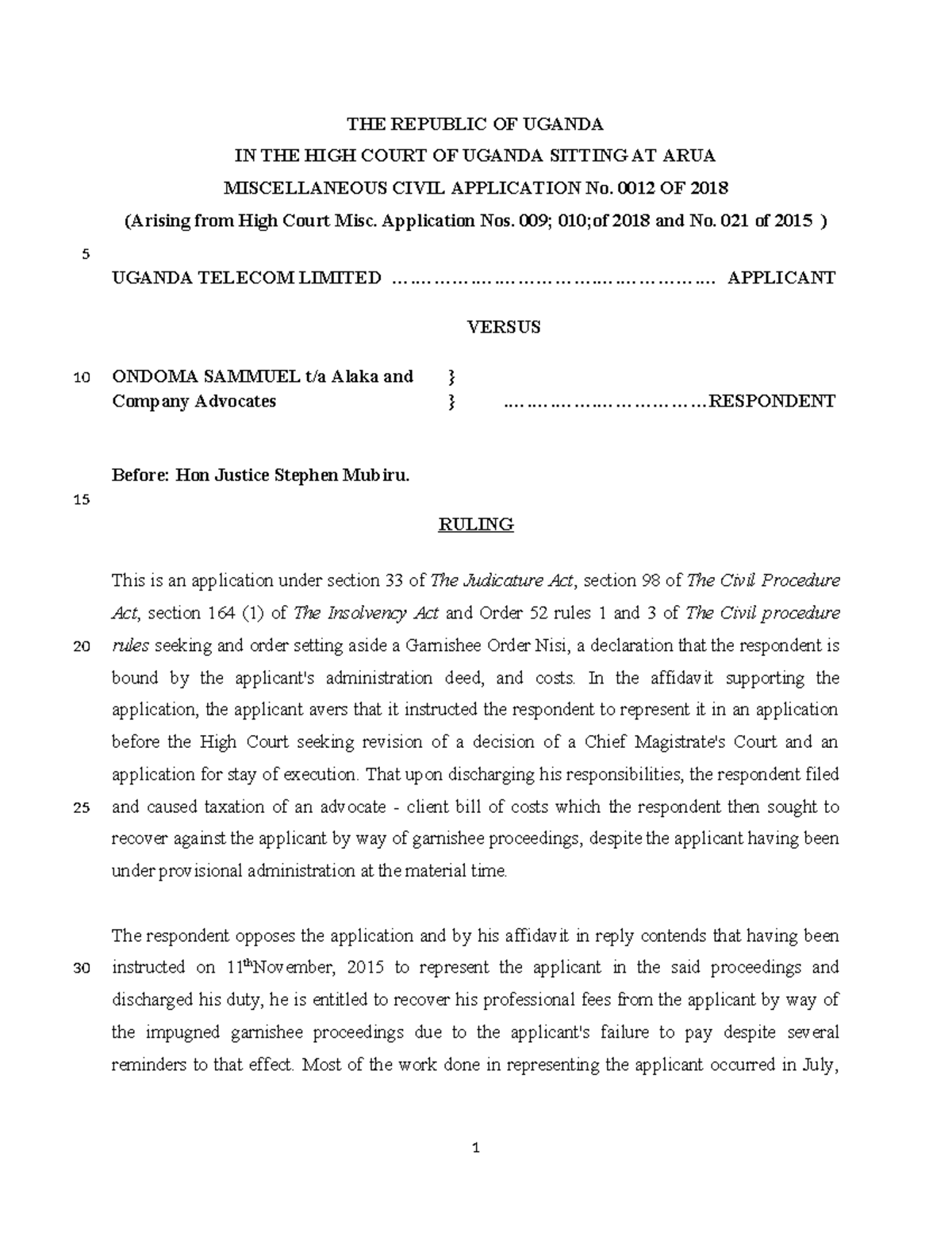 Uganda Telecom Ltd v Ondoma: High Court Ruling (Misc. Civ. App. No ...