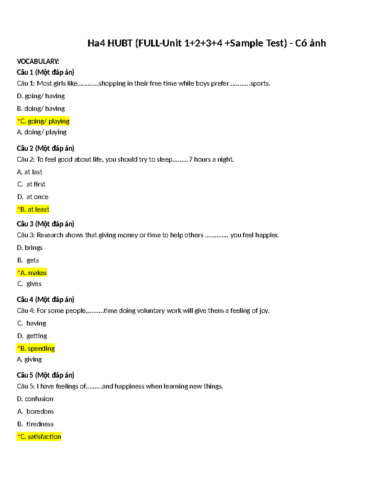 HA4 HUBT Vocabulary & Grammar Review (Unit 1-4 + Sample Test) - Studocu