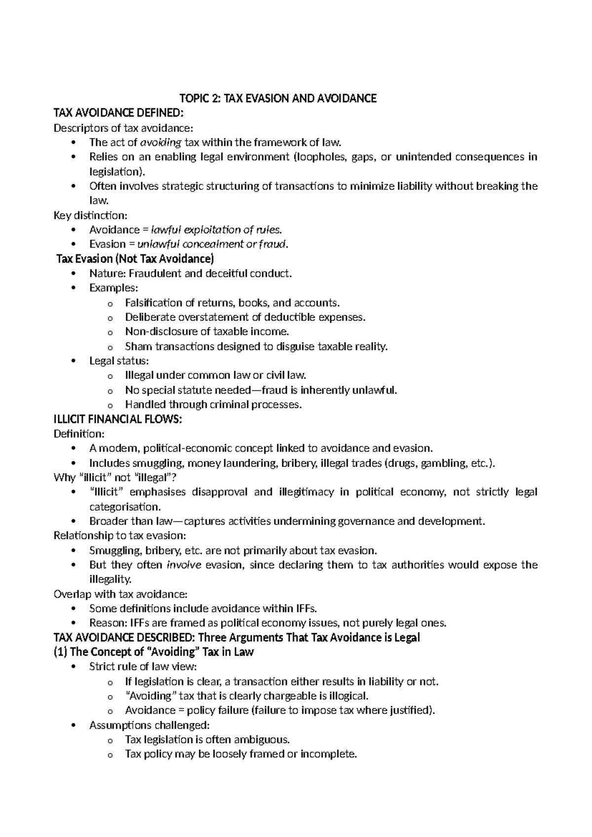 TAX 101: Exam Notes on Tax Evasion and Avoidance Concepts - Studocu
