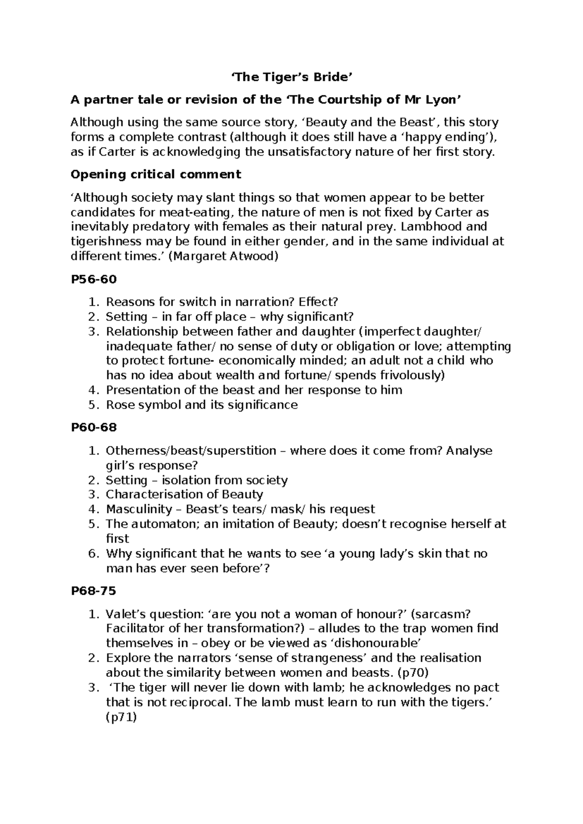 04 The Tiger's Bride - Critical Analysis Notes - Studocu