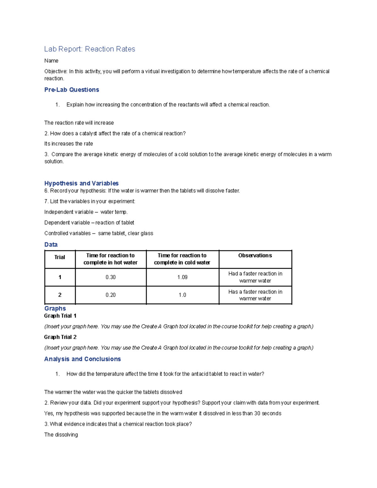 Lab Report (CHEM101): Investigating Reaction Rates and Temperature ...