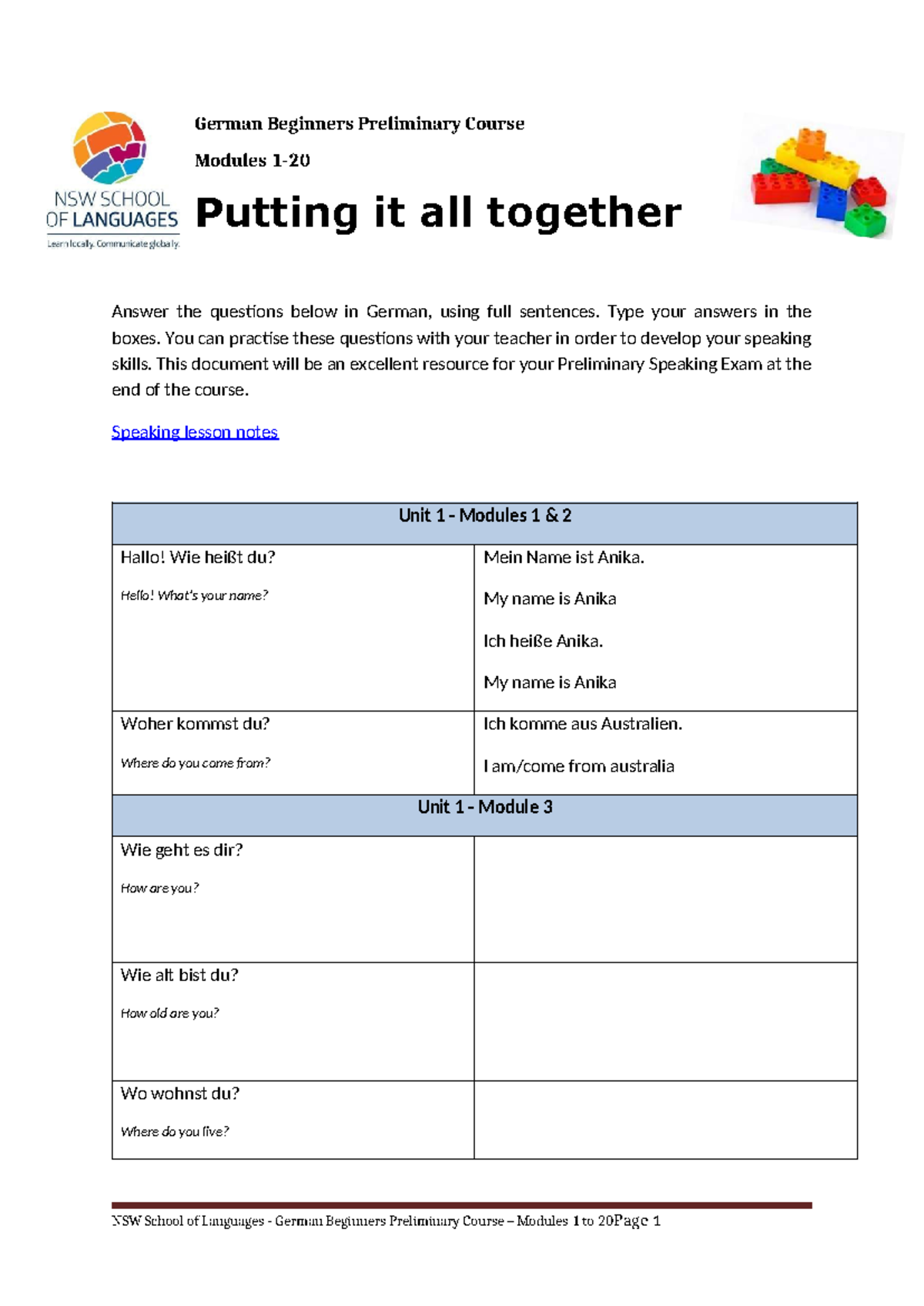 NSW School of Languages - German Beginners Speaking Exam Notes - Studocu