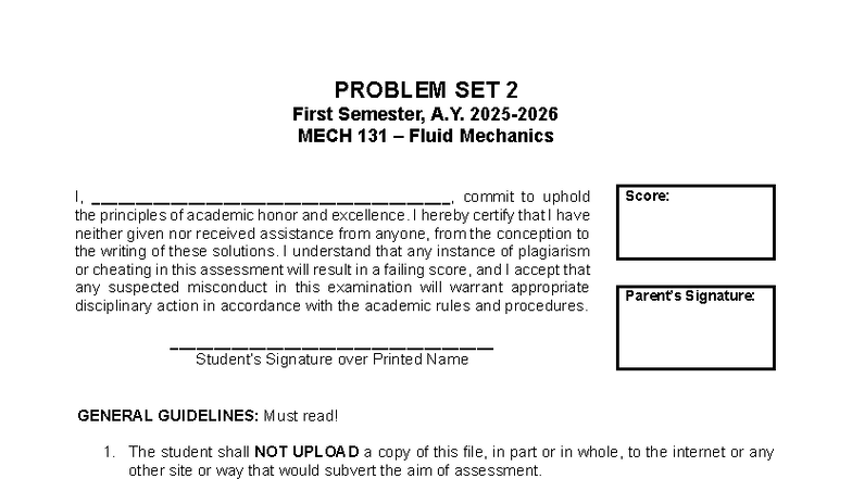 MECH 131 Problem Set 2: Fluid Mechanics I Solutions - Studocu