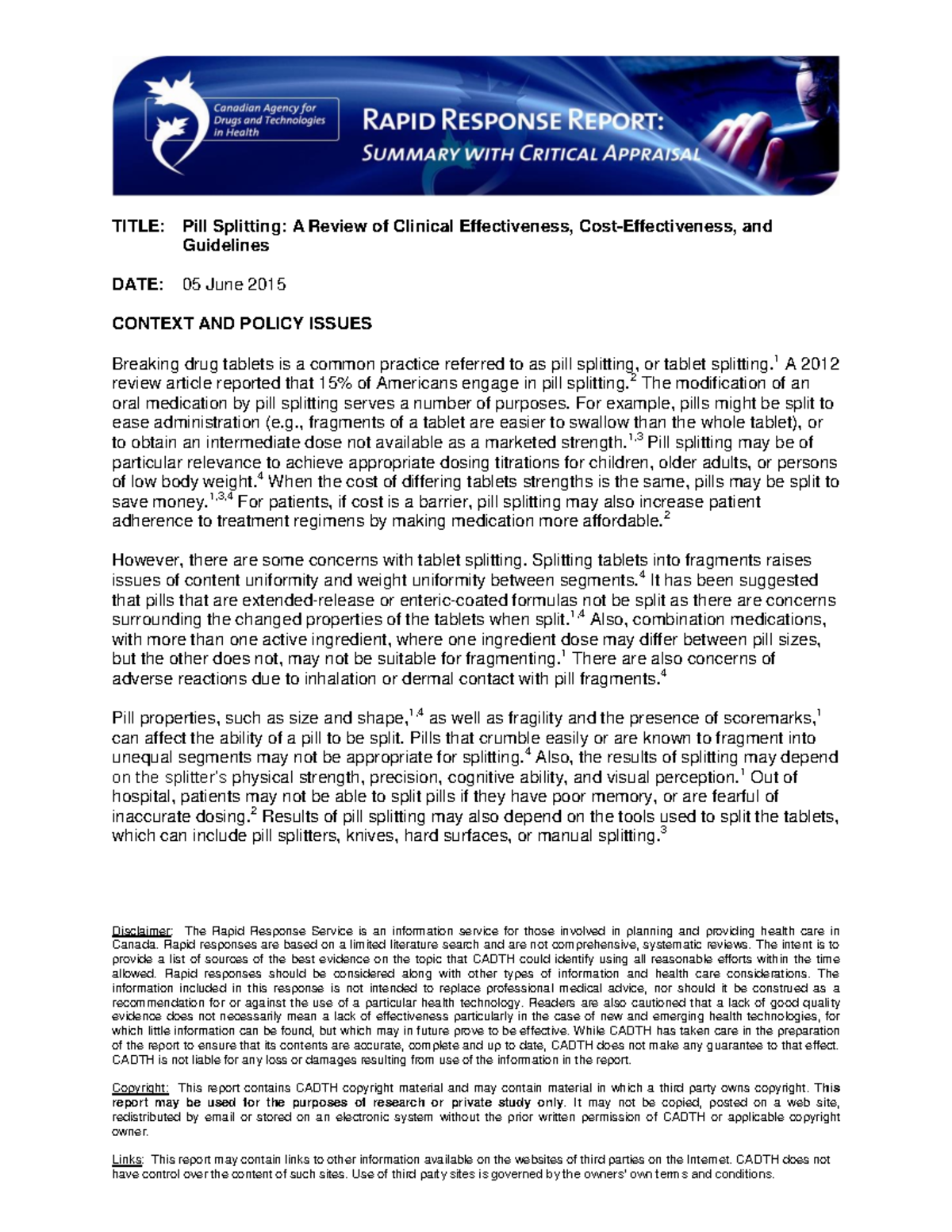 Pill Splitting: Clinical Effectiveness & Guidelines Review (CADTH ...