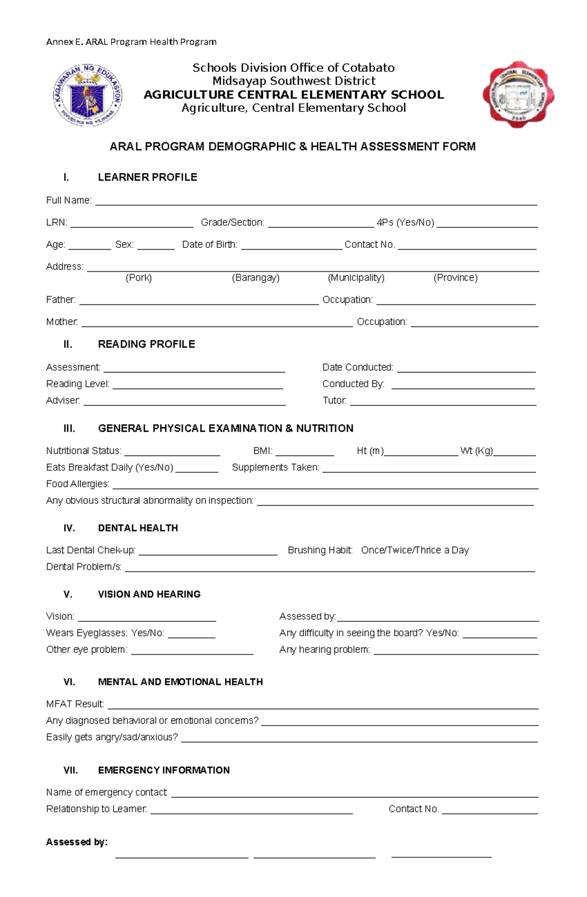 ARAL Program Health Assessment Form - Central Elementary School - Studocu