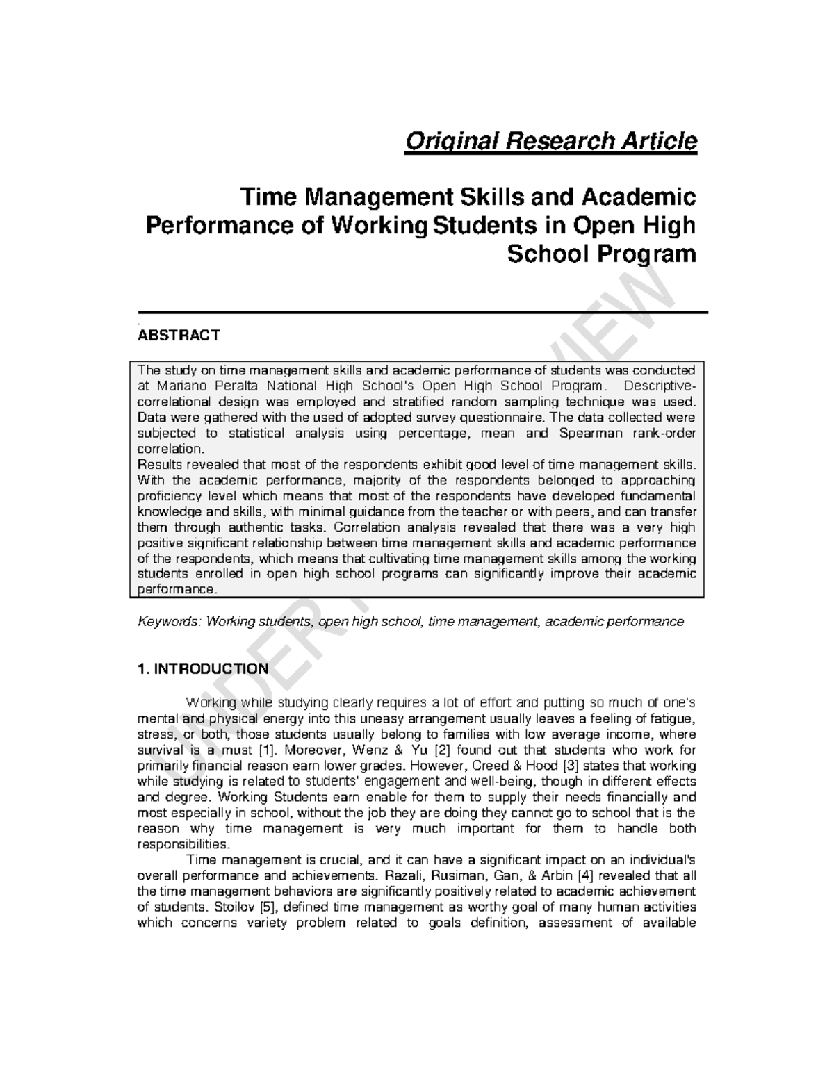 EFFECT OF TIME MANAGEMENT ON ACADEMIC PERFORMANCE OF WORKING STUDENTS ...