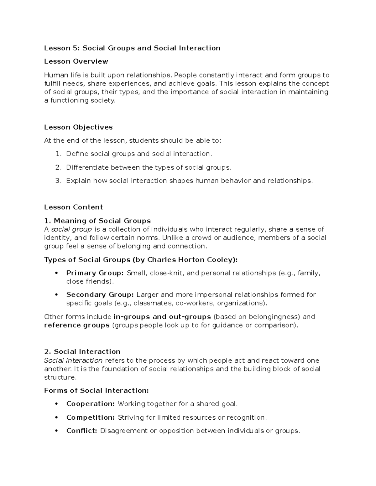 Lesson 5: Social Groups & Interaction Overview - Studocu