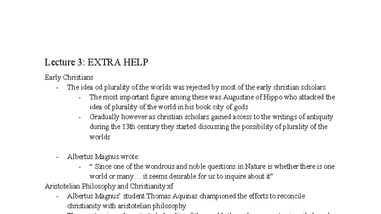 Lecture 3: Early Christian Views on Plurality of Worlds - Studocu