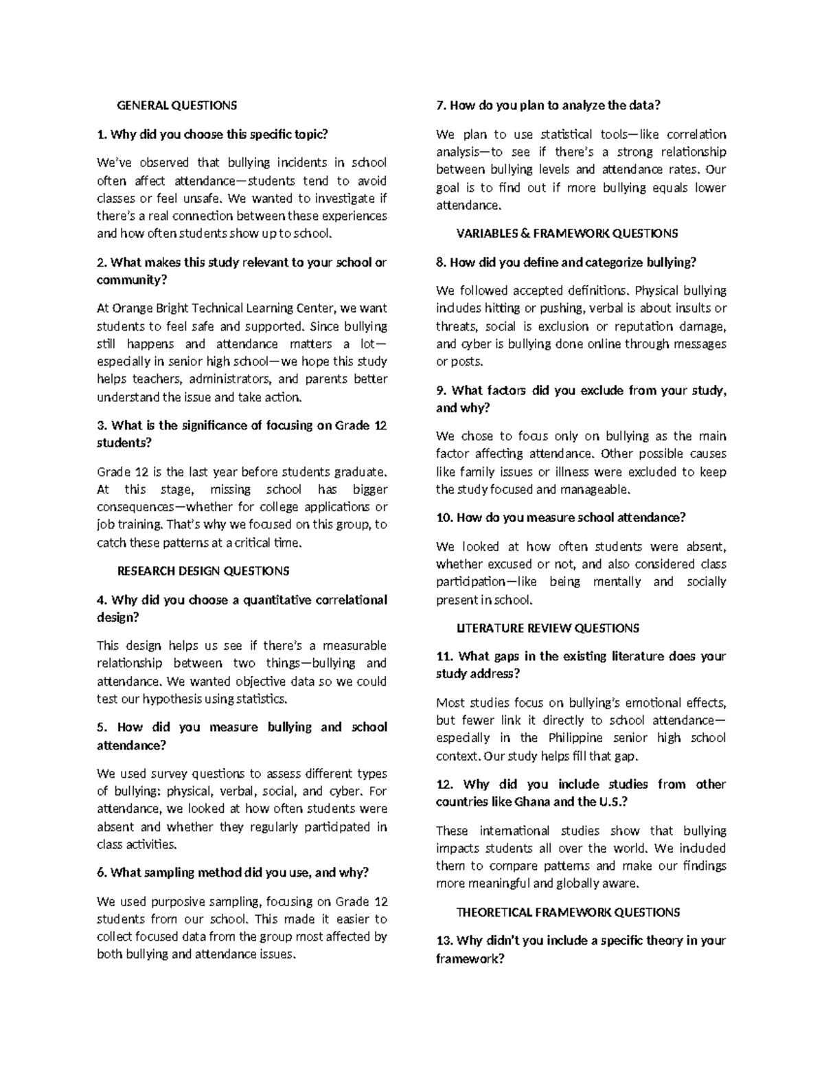 General Questions on Bullying and Attendance: A Study for Grade 12 ...