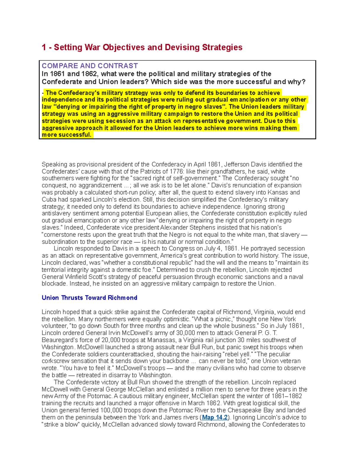 Analyzing Early Civil War Strategies: A Comparative Study (HIST 201 ...