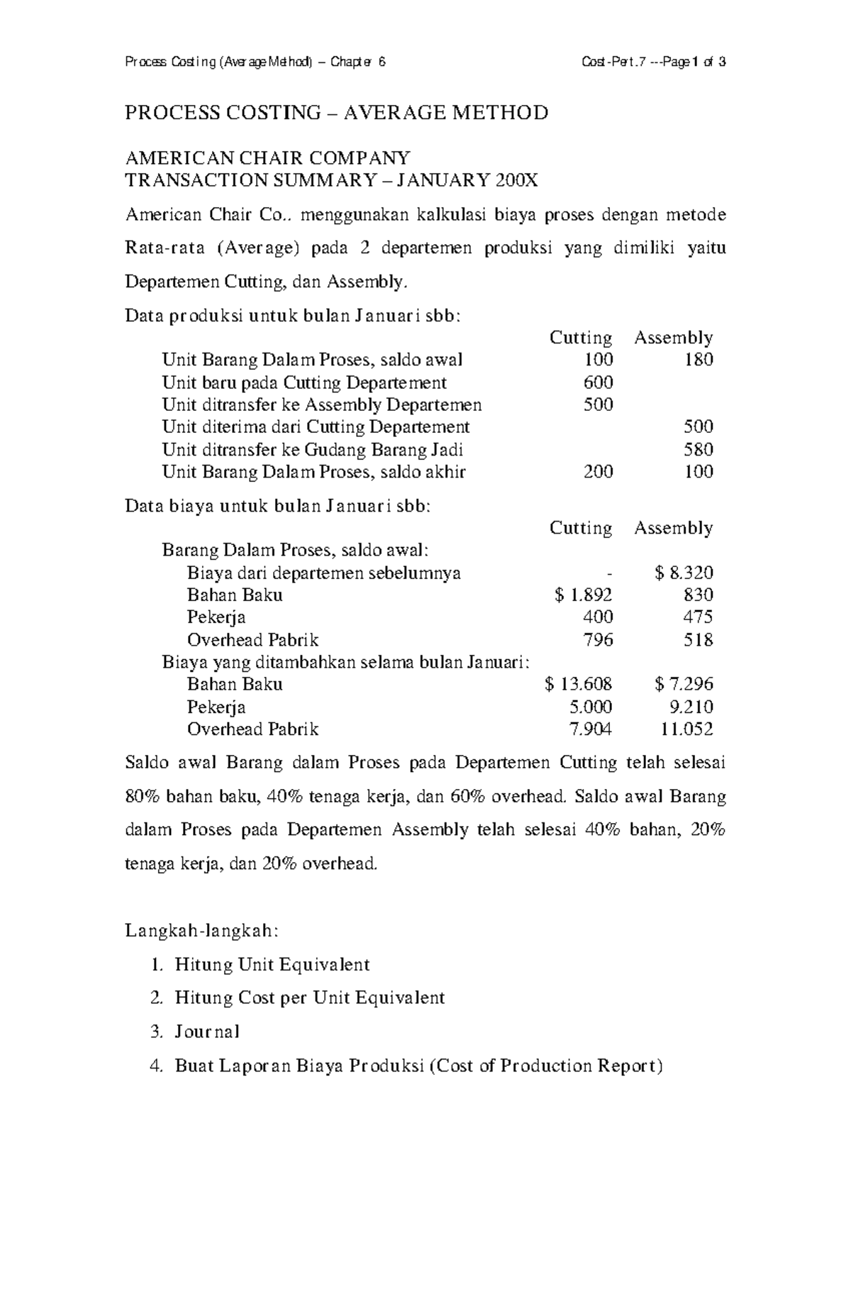 Contoh Soal Proses Costing - Metode Rata-rata (Averaging) - Studocu