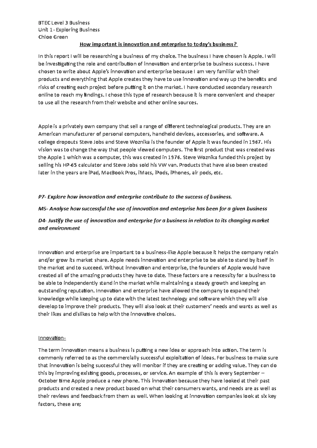 Level 3 Business Unit 1 Assignment 1 Unit One Exploring Business