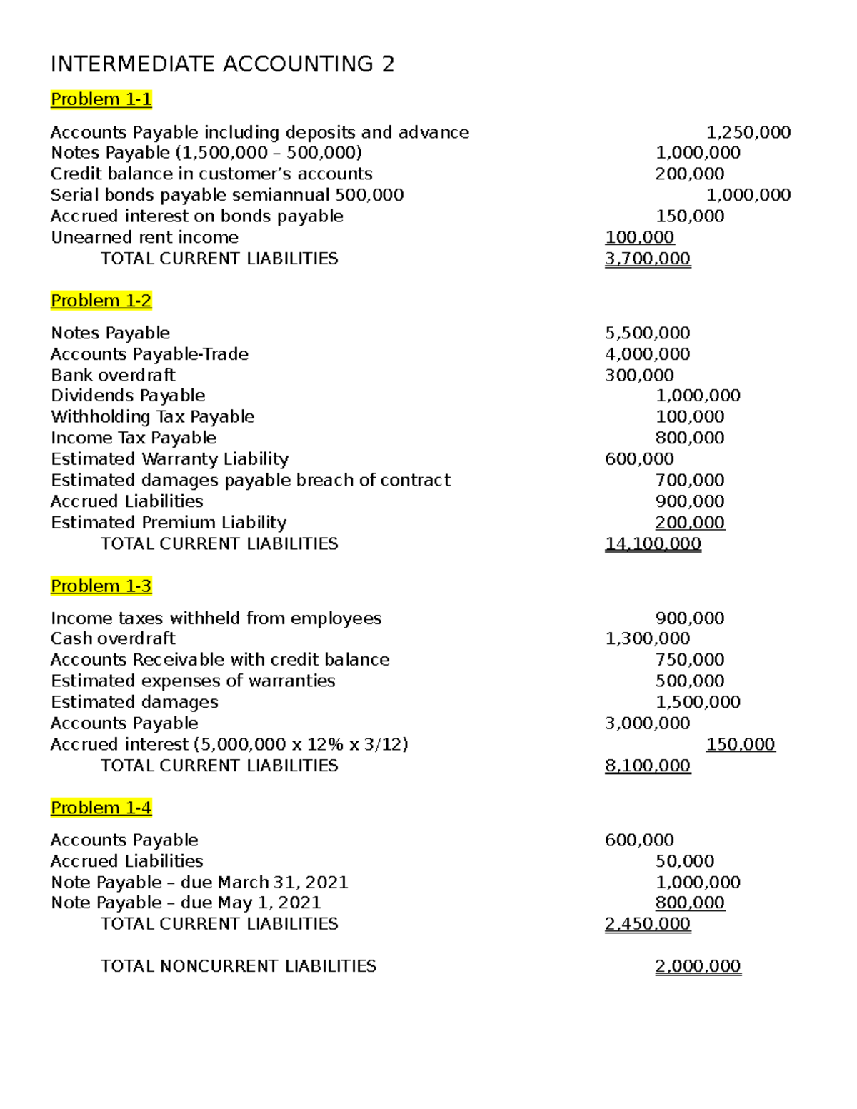 Intermediate Accounting 2 (ACCT-202): Current & Noncurrent Liabilities Solutions - Studocu