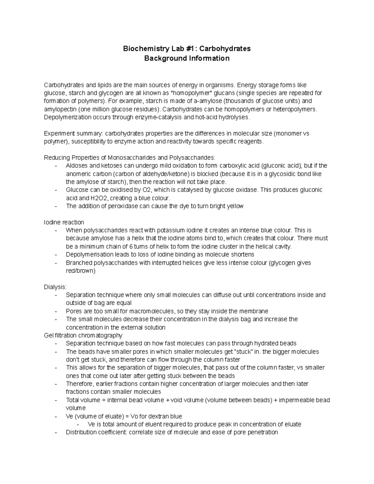 Biochemistry Lab #1 Background - Biochemistry Lab #1: Carbohydrates ...