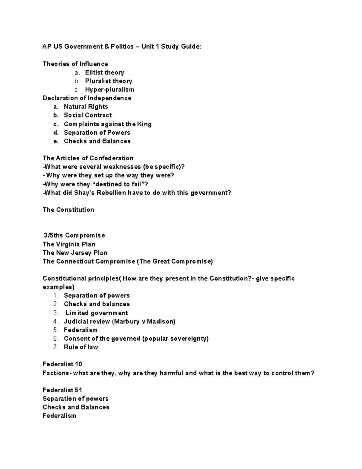 AP US Government & Politics - Unit 1 Study Guide: Theories & Principles ...