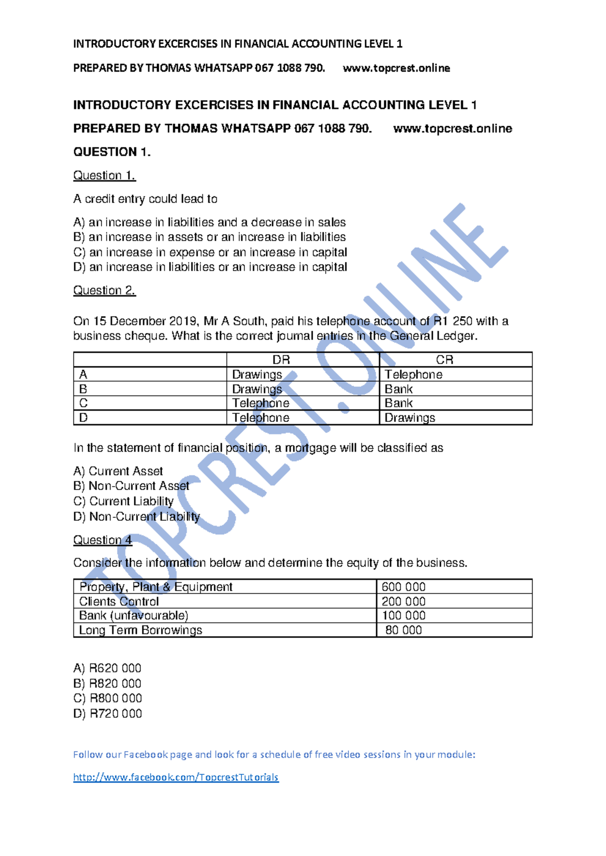 FAC Level ONE Accounting Practice Questions Paper 1 - Studocu