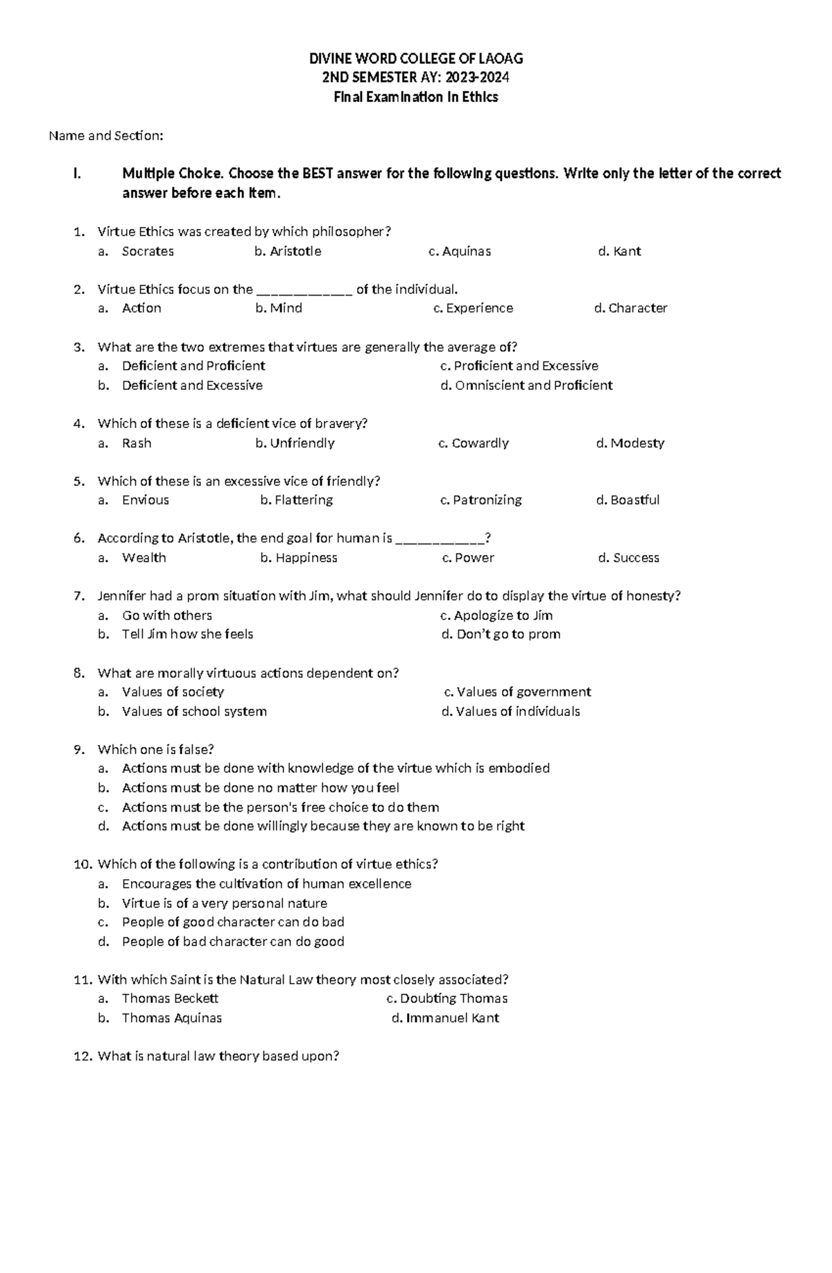Final Exam in Ethics (Ethics 101) - Multiple Choice & Enumeration ...