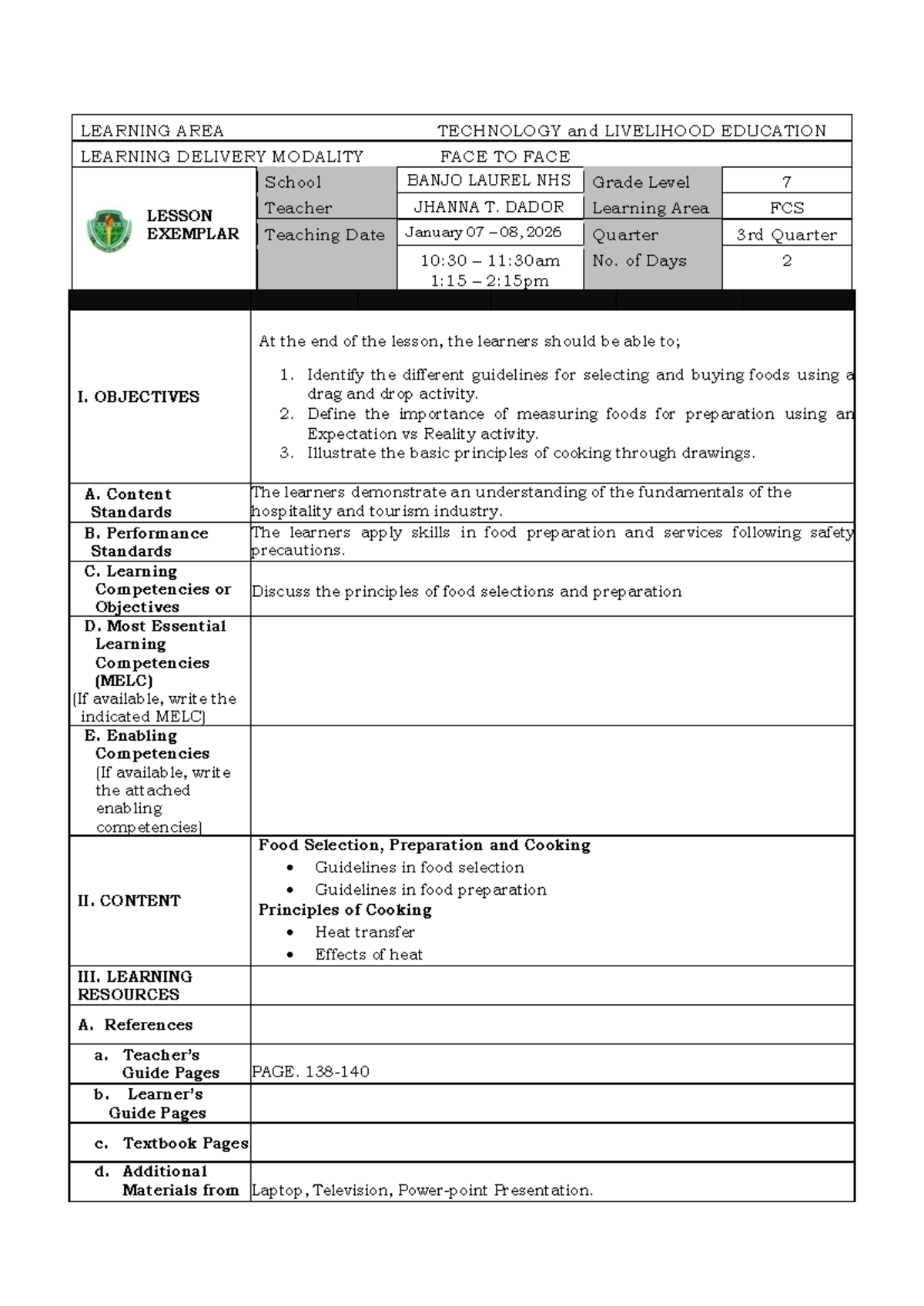Blnhs - Food Preparation Lesson Exemplar for Grade 7 - Studocu