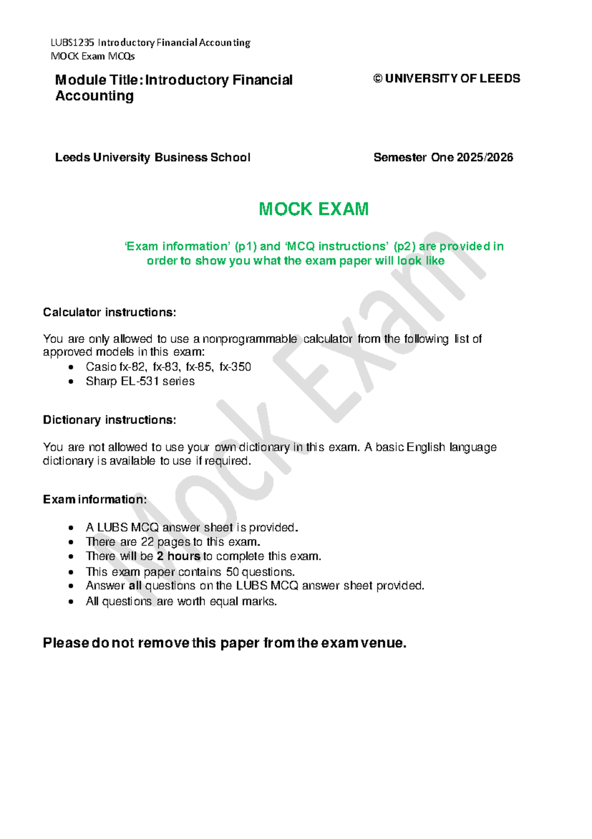LUBS1235 Introductory Financial Accounting MOCK Exam MCQs for Practice ...