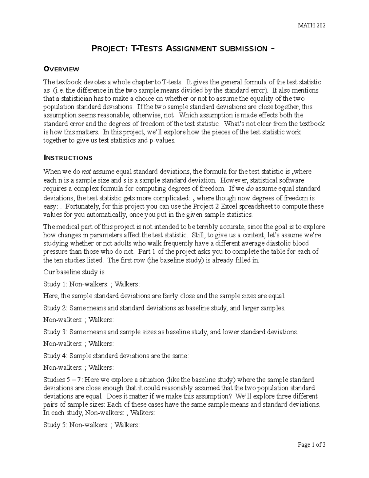 MATH 202: Project on T-Tests Assignment Submission and Analysis - Studocu