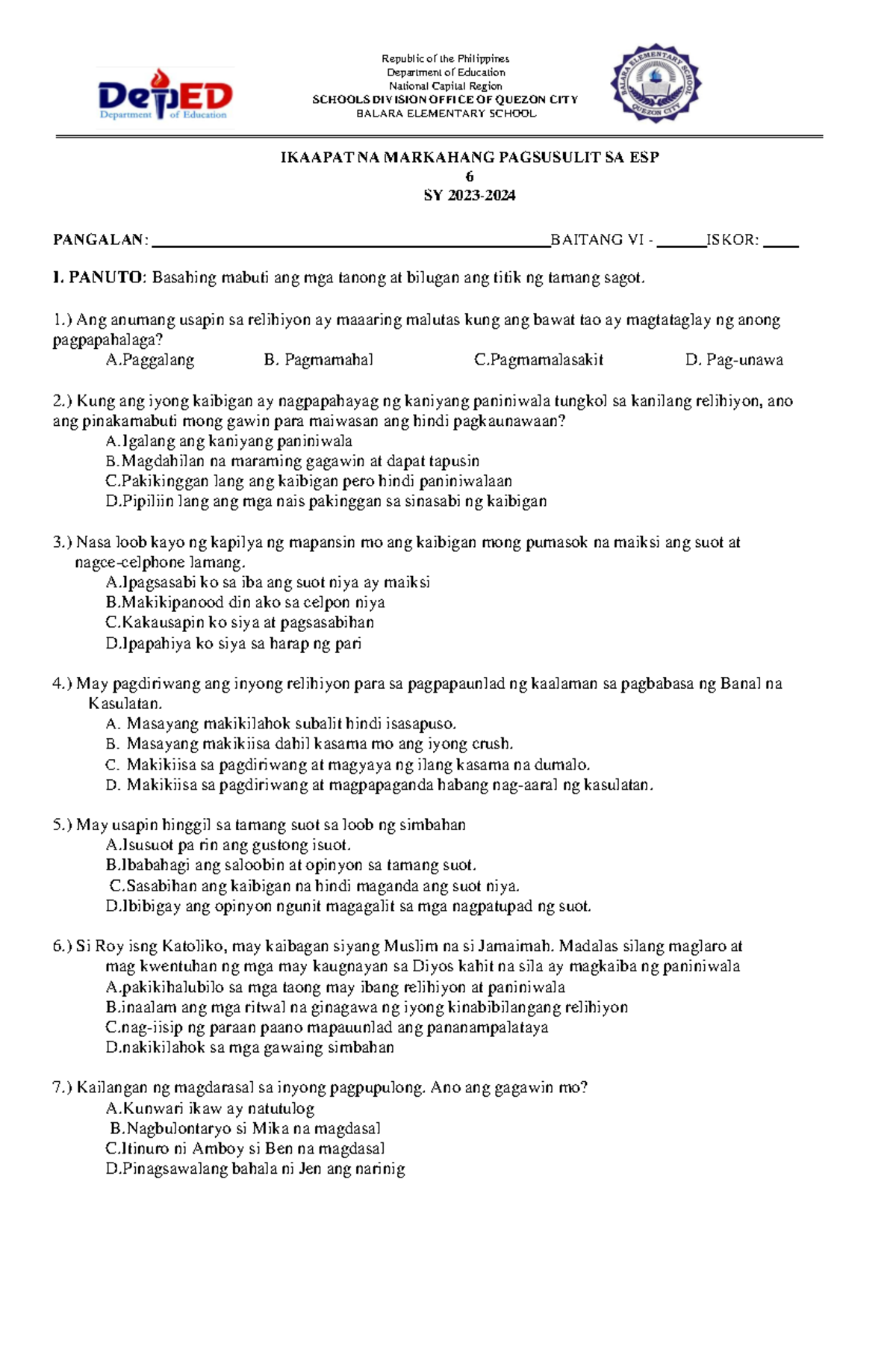 4TH PT ESP 6 Nasyonal na Pagsusulit para sa Paaralang Taon 2023-2024 ...