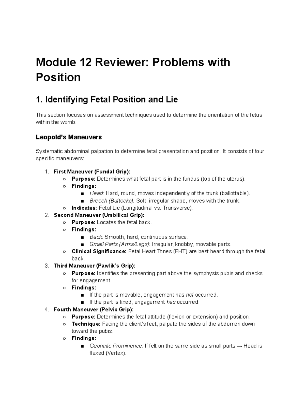 MCN 12 Module Reviewer: Fetal Position Assessment & Management - Studocu