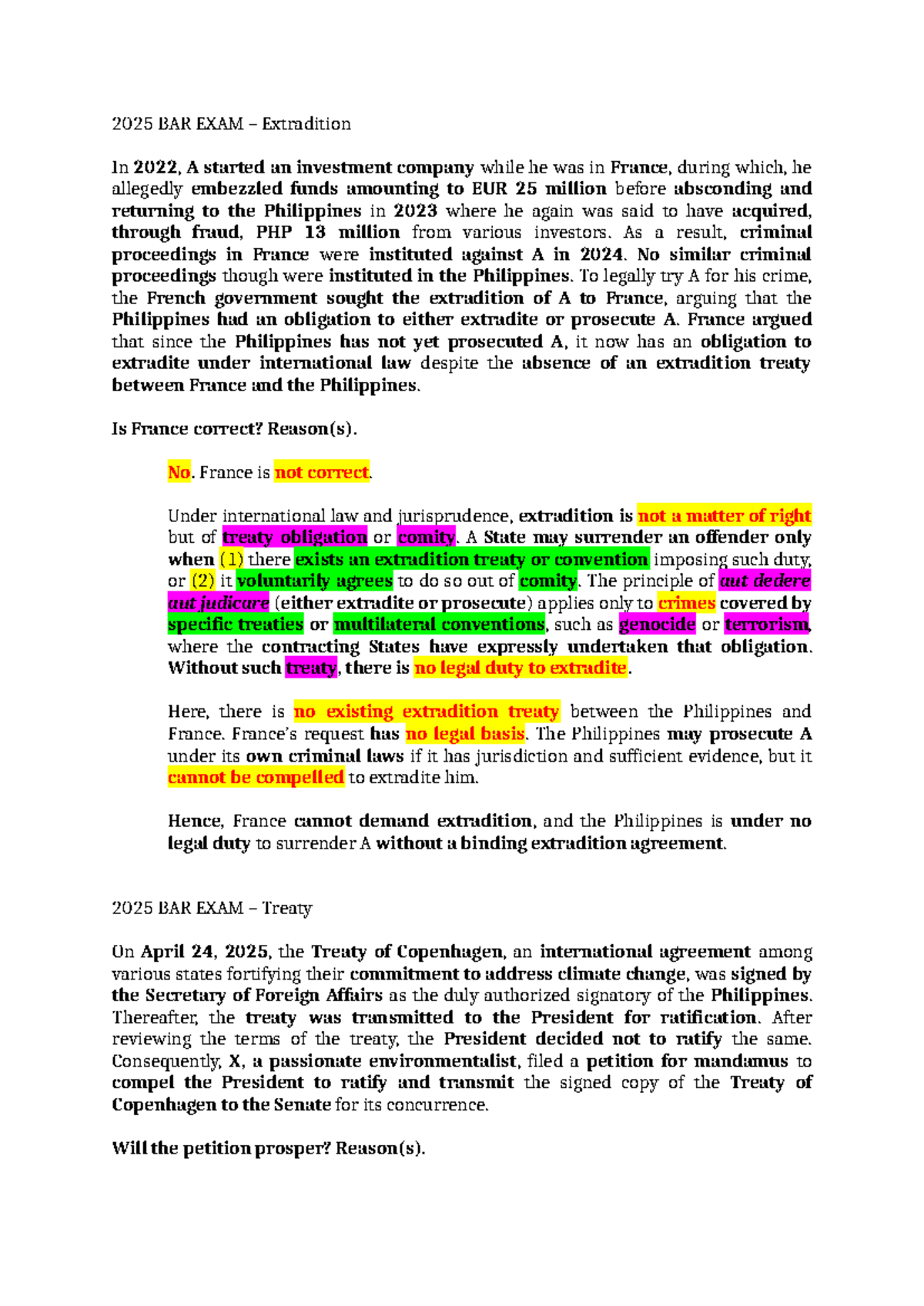 2025 BAR EXAM Comprehensive Review on Extradition and International Law ...