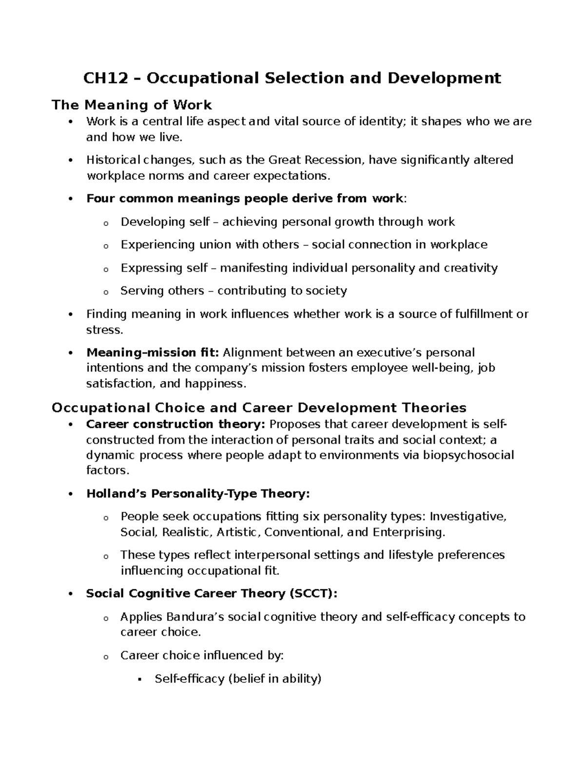 CH12 - Occupational Selection & Development: Meaning of Work - Studocu