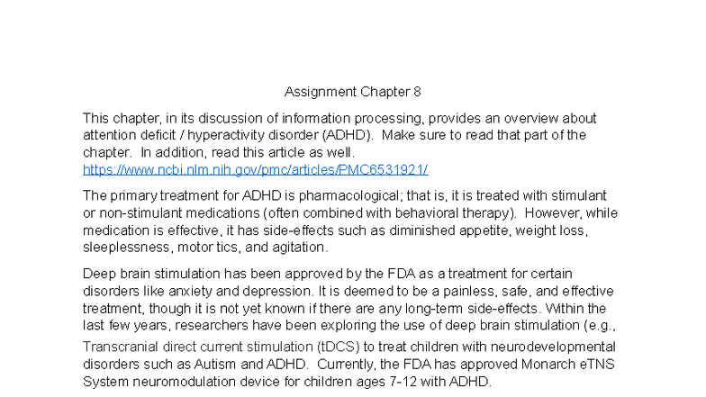 Assignment: Chapter 8 - ADHD Treatment & Deep Brain Stimulation Essay ...
