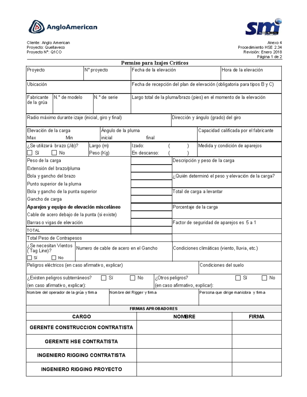 Q1CO HSE 2.34 Anexo 4: Permiso de Izaje Crítico - Enero 2018 - Studocu