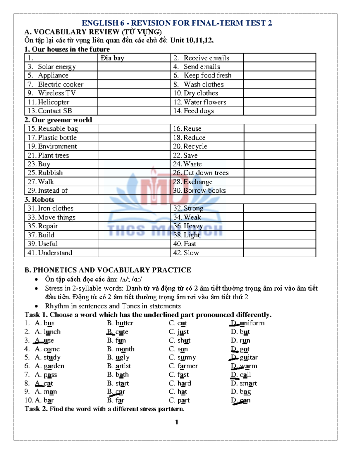 G6. ĐC KT HK2 - Vocabulary & Phonetics Review for Test 2 - Studocu