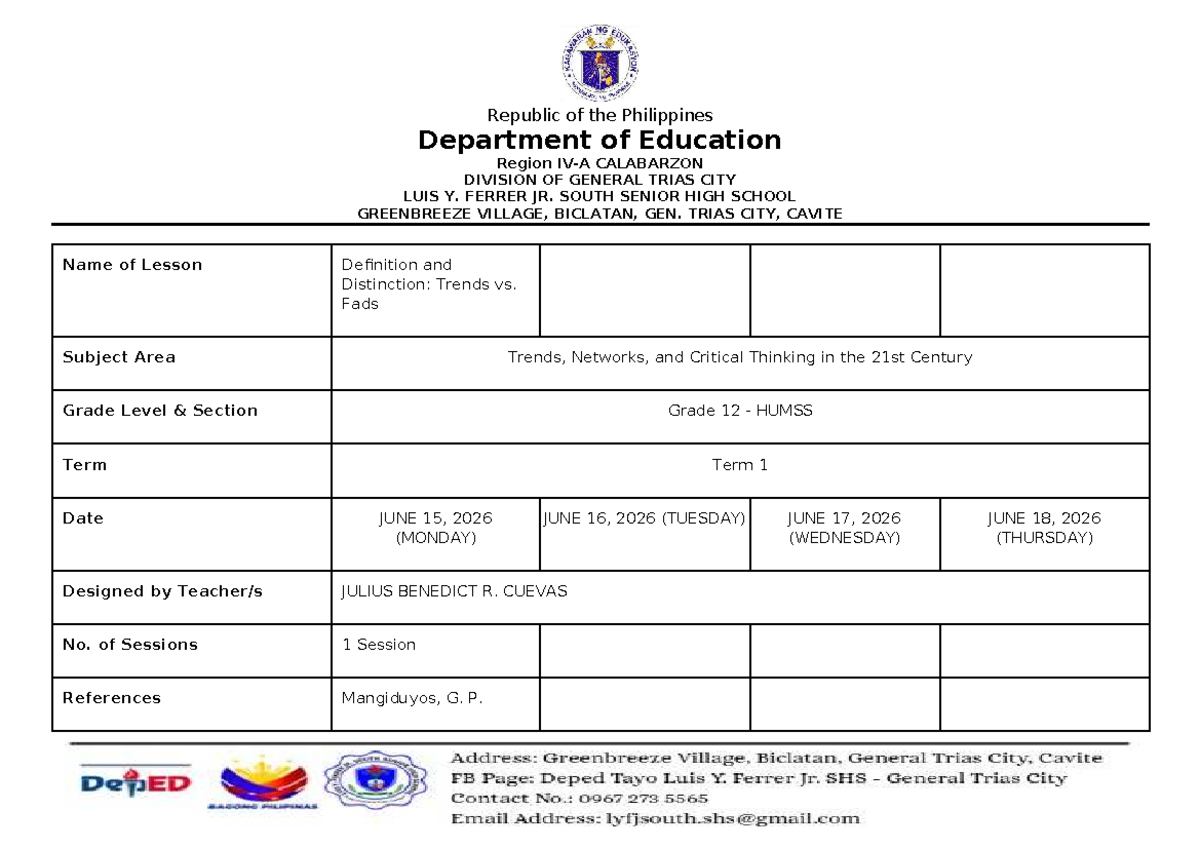 Grade 12 HUMSS Lesson Plan: Trends vs. Fads (Term 1) - Studocu