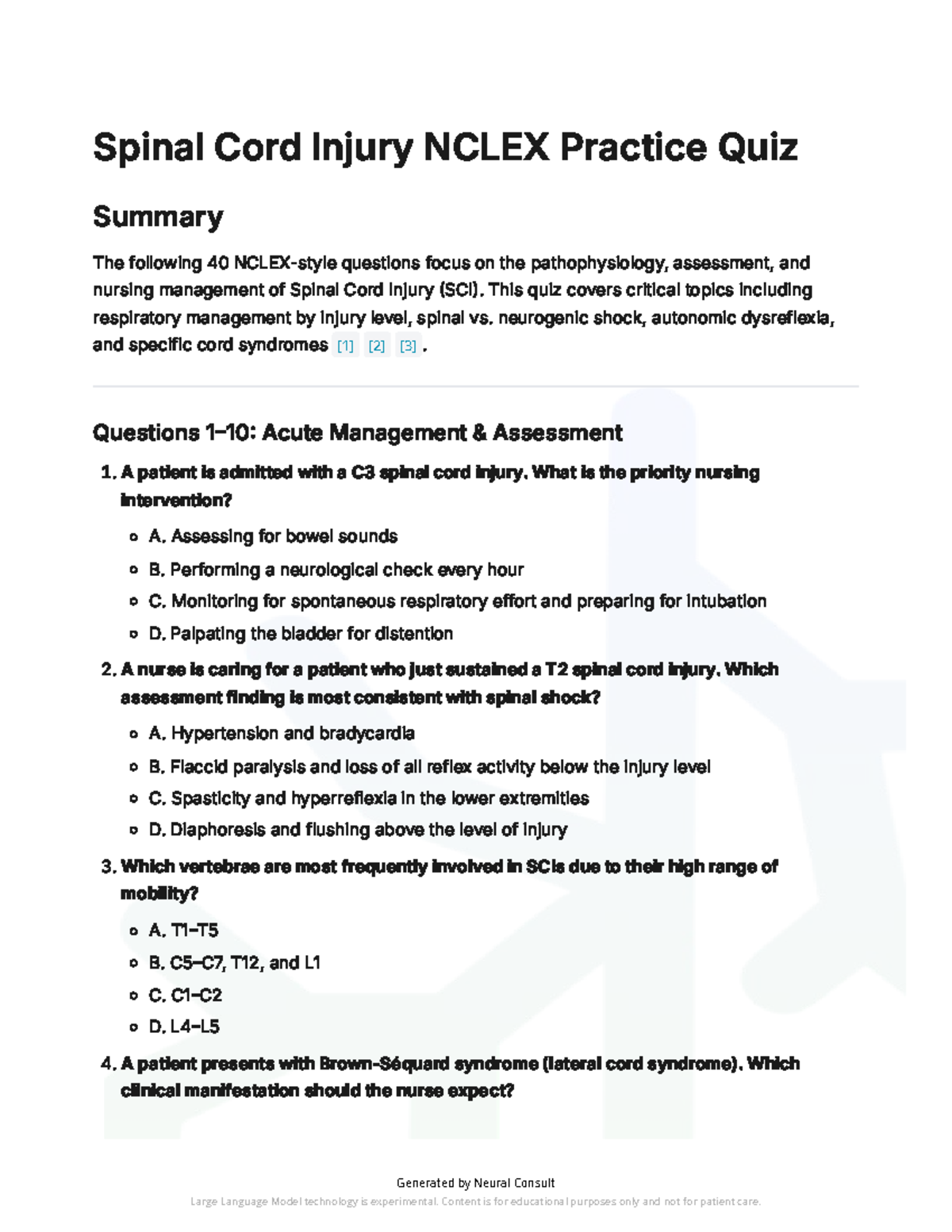 Spinal Cord Injury NCLEX Practice Quiz: Key Concepts & Management - Studocu
