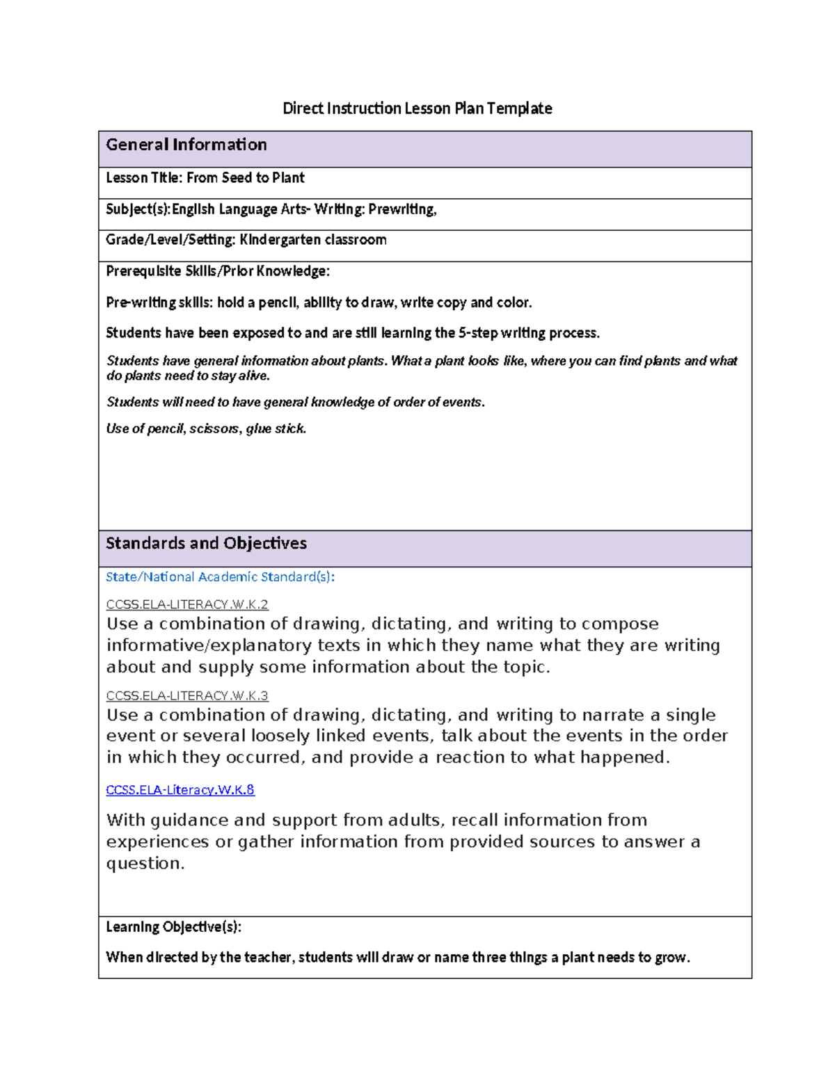 D380 Lesson Plan: From Seed to Plant for Kindergarten ELA - Studocu
