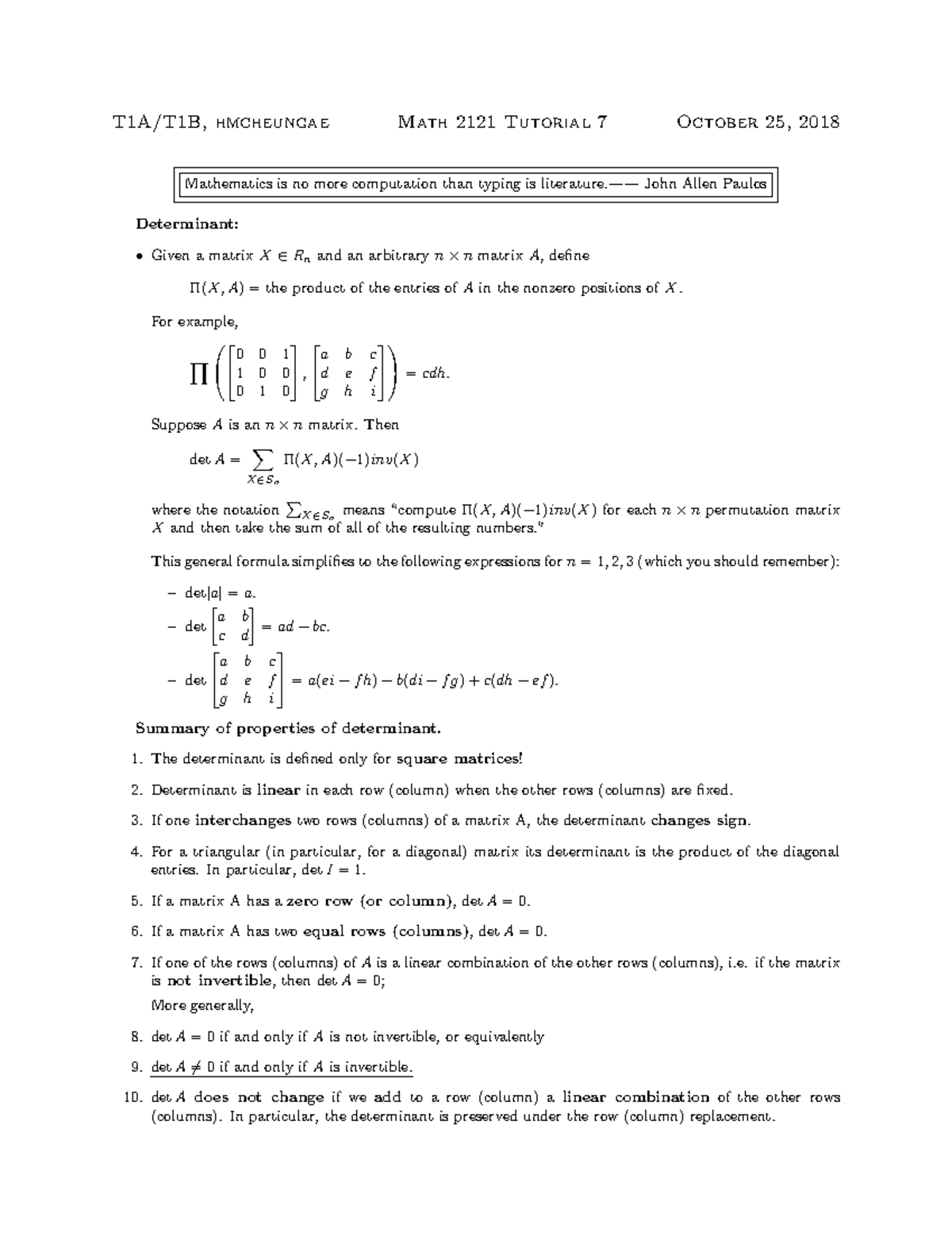 Math 2121 Tutorial 7 Notes on Determinants and Matrix Inverses - Studocu