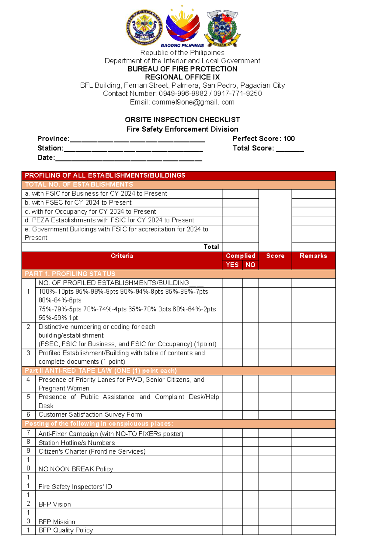 FSED Orsite Inspection Checklist for Fire Safety Compliance - Studocu