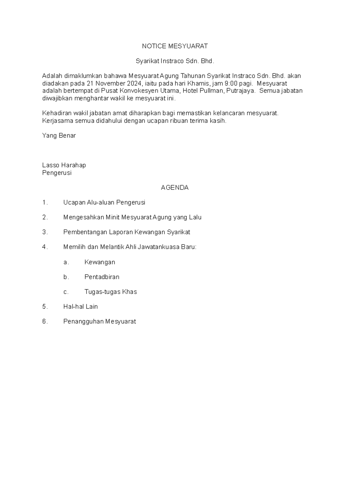 Quest 6 ( Notice OF Meeting) - NOTICE MESYUARAT Syarikat Instraco Sdn ...