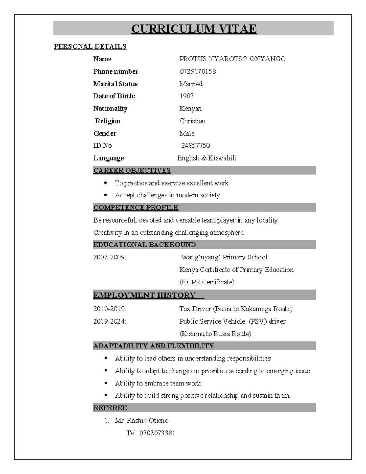 Francis Nyutu CV - none - CURRICULUM VITAE PERSONAL DETAILS Name PROTUS ...