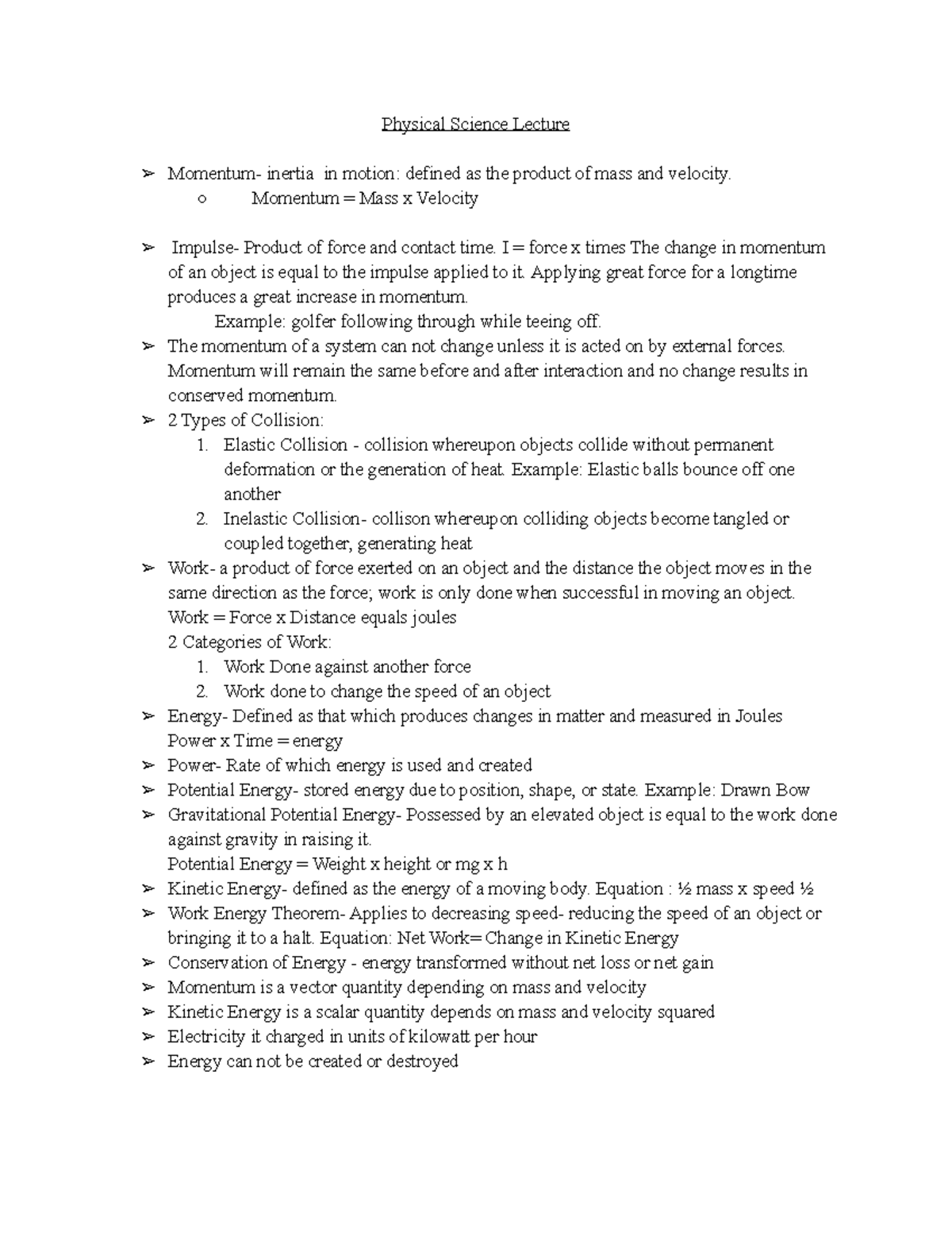 PHSC 101: Lecture Notes on Momentum, Energy, and Work Concepts - Studocu