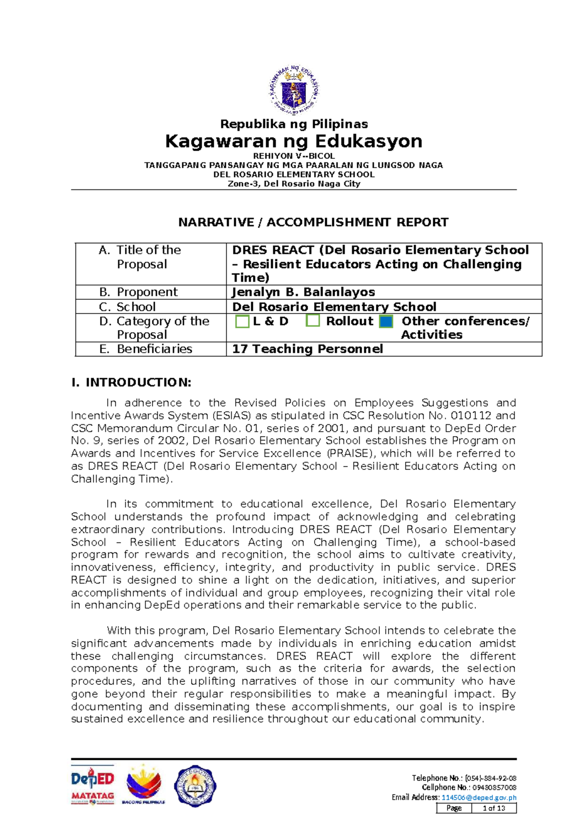 Narrative Accomplishment Report for DRES REACT 2024-2025 - Studocu