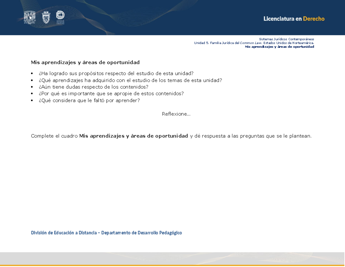Cuadro af u5 - resumen - Sistemas Jurídicos Contemporáneos Unidad 5. Familia Jurídica del Common ...
