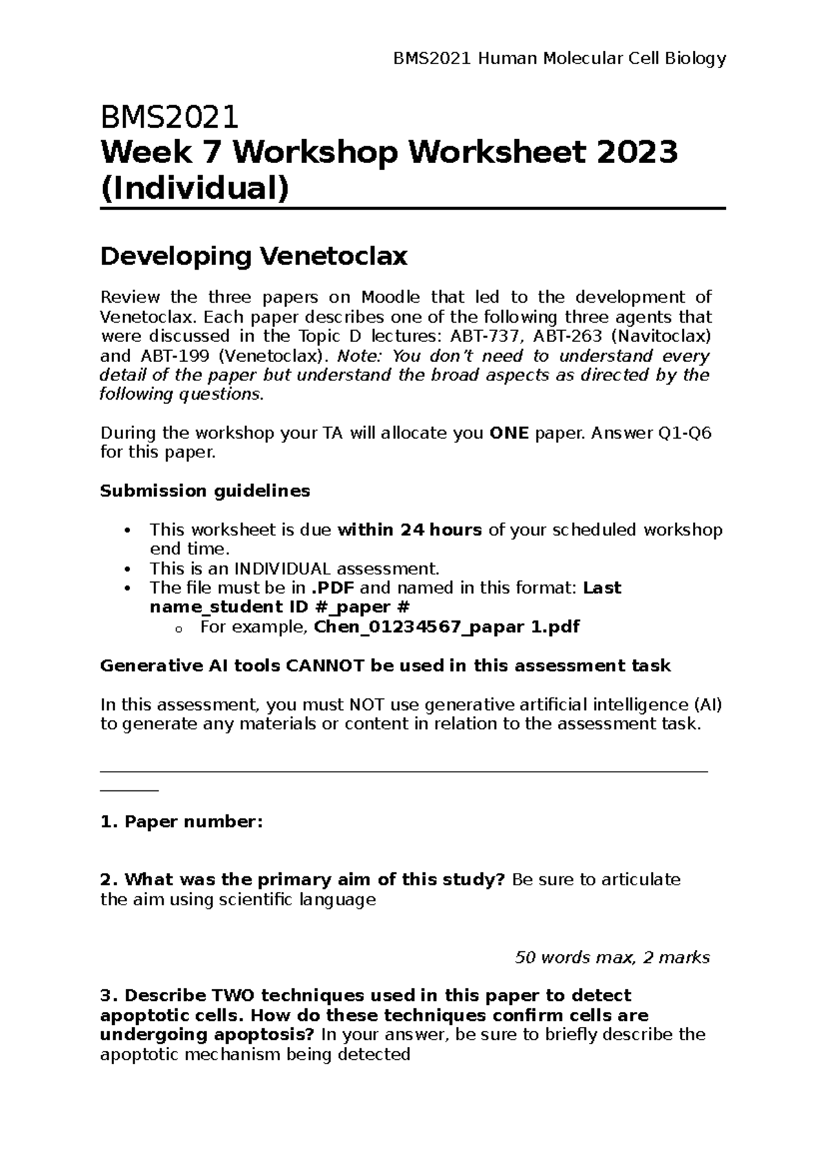 Workshop 7 worksheet 2023 - BMS2021 Human Molecular Cell Biology BMS Week 7 Workshop Worksheet ...