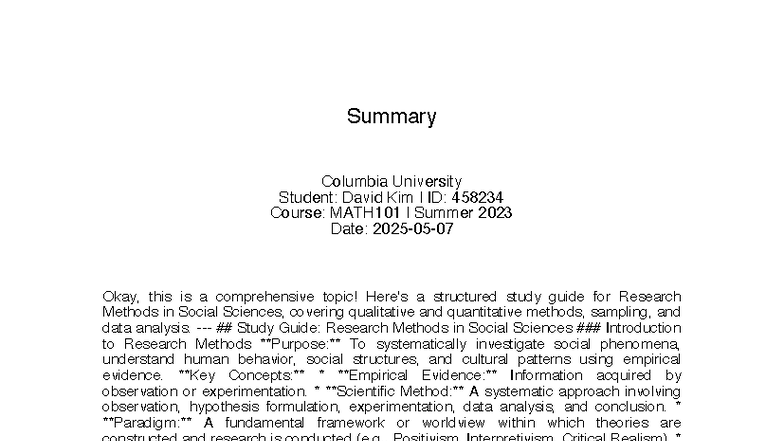 Study Guide: Research Methods in Social Sciences MATH101 Summer 2023 ...