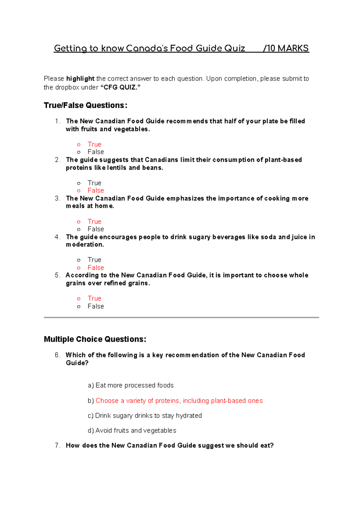 Canada's Food Guide Quiz - Highlight Correct Answers - Studocu