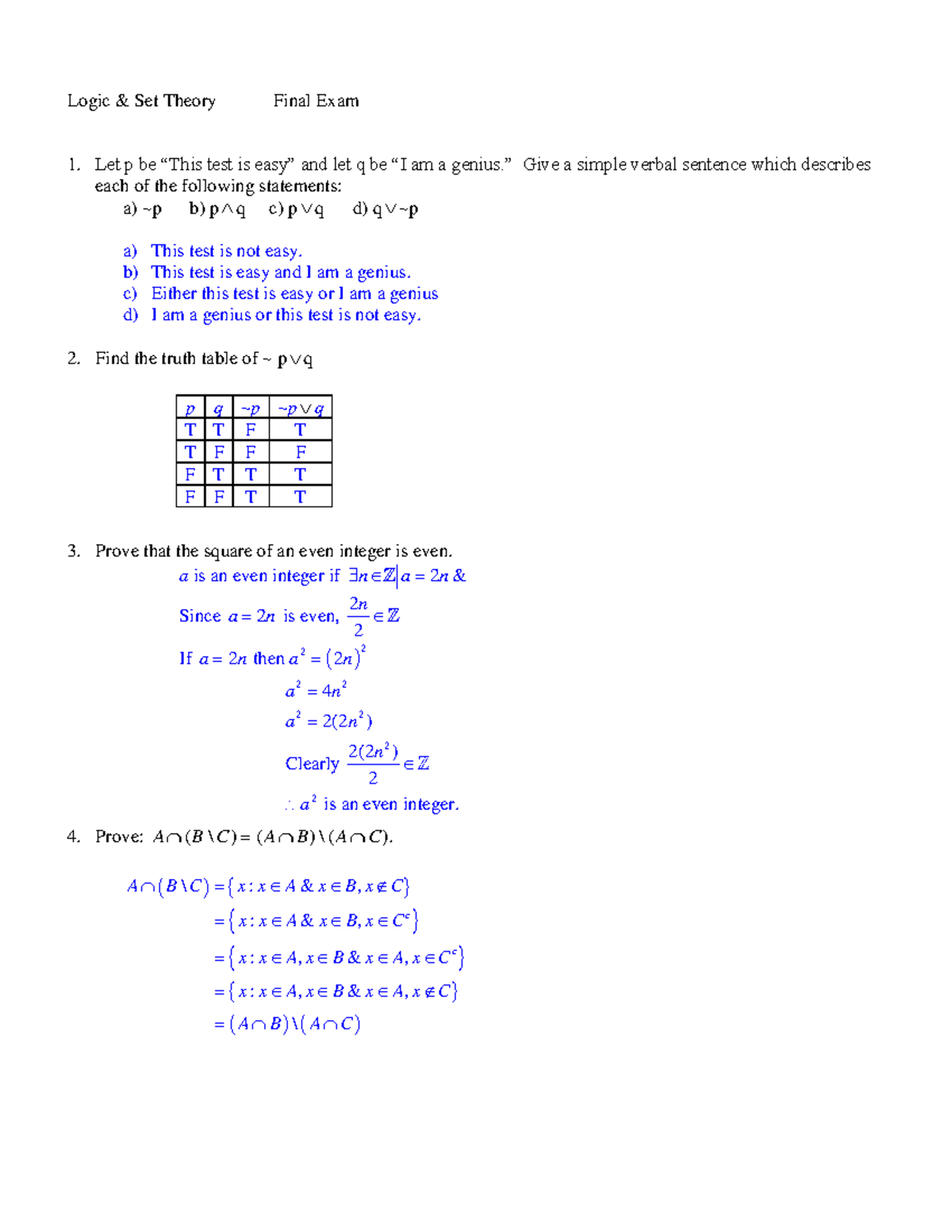 Final Exam Review - Set Theory Logic & Proofs - Studocu