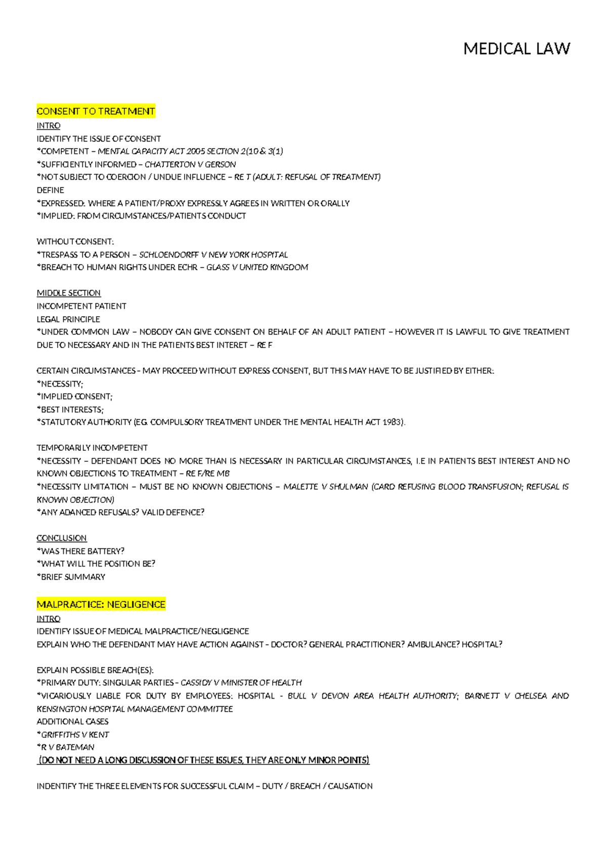 MEDICAL LAW: CONSENT TO TREATMENT & MALPRACTICE EXAM GUIDANCE - Studocu