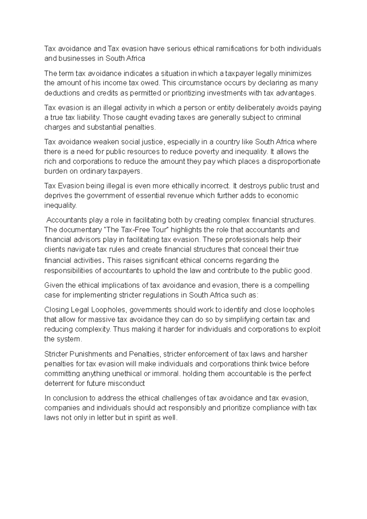 Tax Avoidance vs. Tax Evasion: Ethical Implications in SA - Studocu