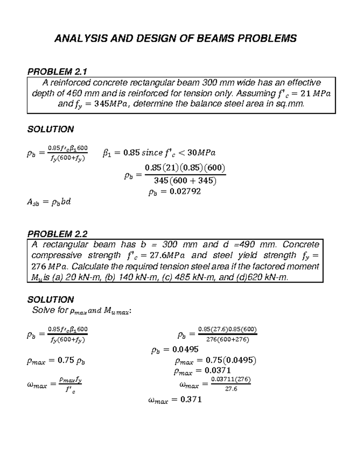 Analysis and design of beams problems - Civil Engineering - Studocu