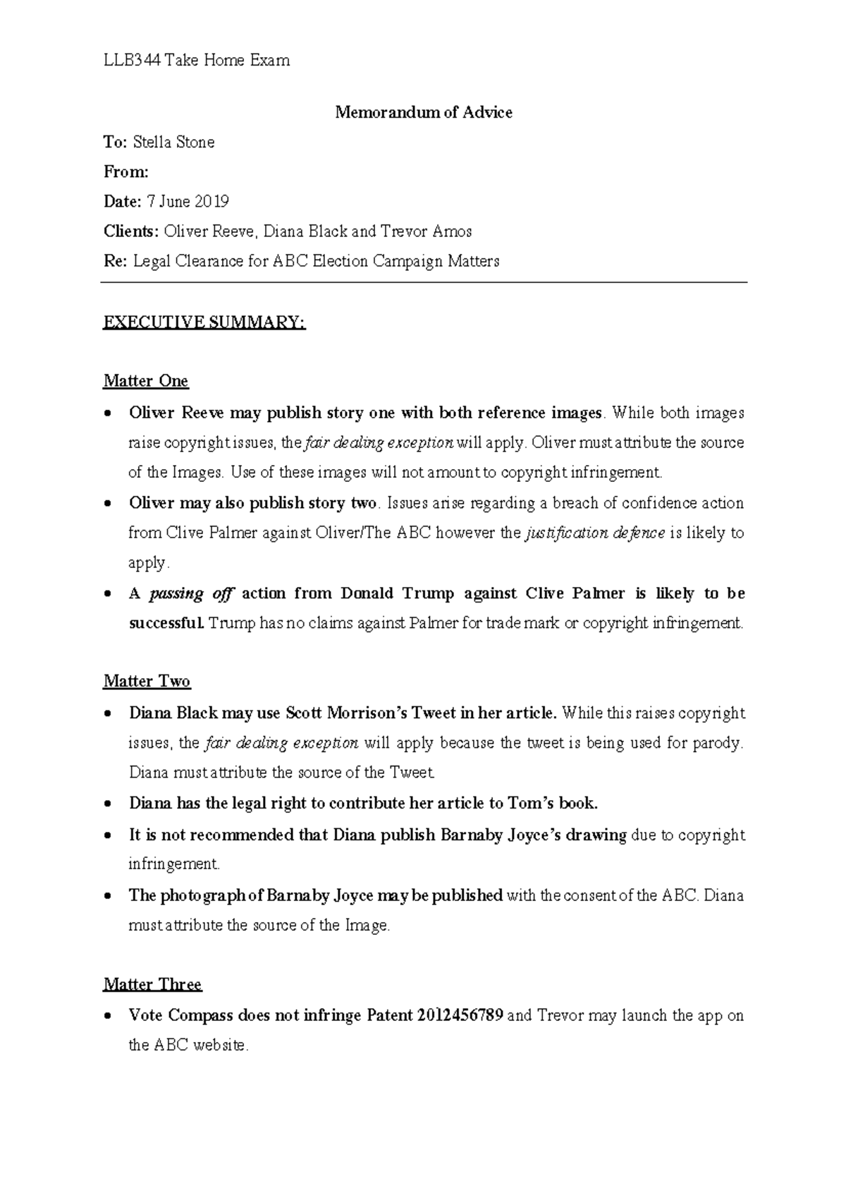 LLB344 2019 Example Memorandum of Advice on Copyright Issues - Studocu